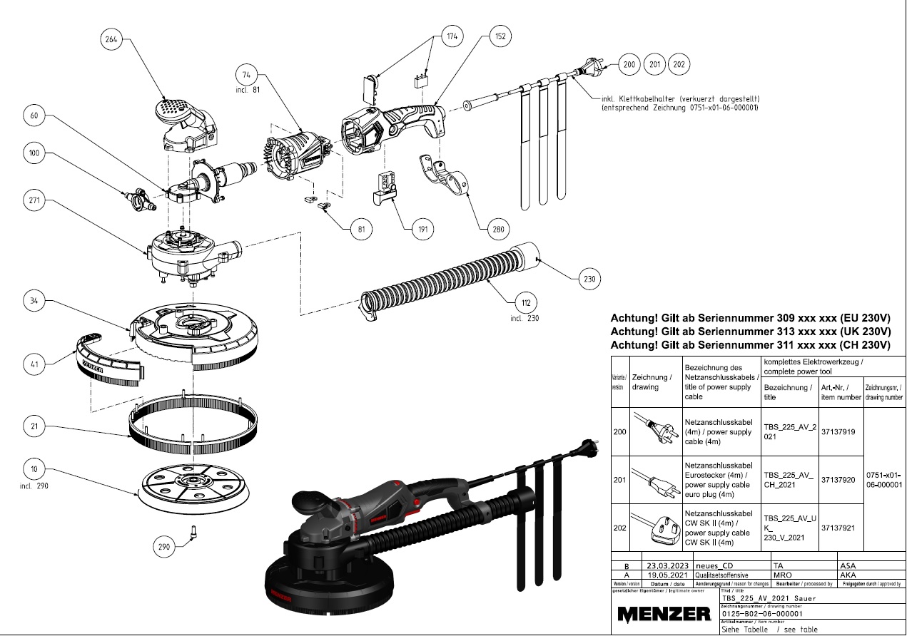 Hans Sauer GmbH - Ersatzteile Menzer TBS 225 AV - EU 230V -2023 - Trockenbauschleifer